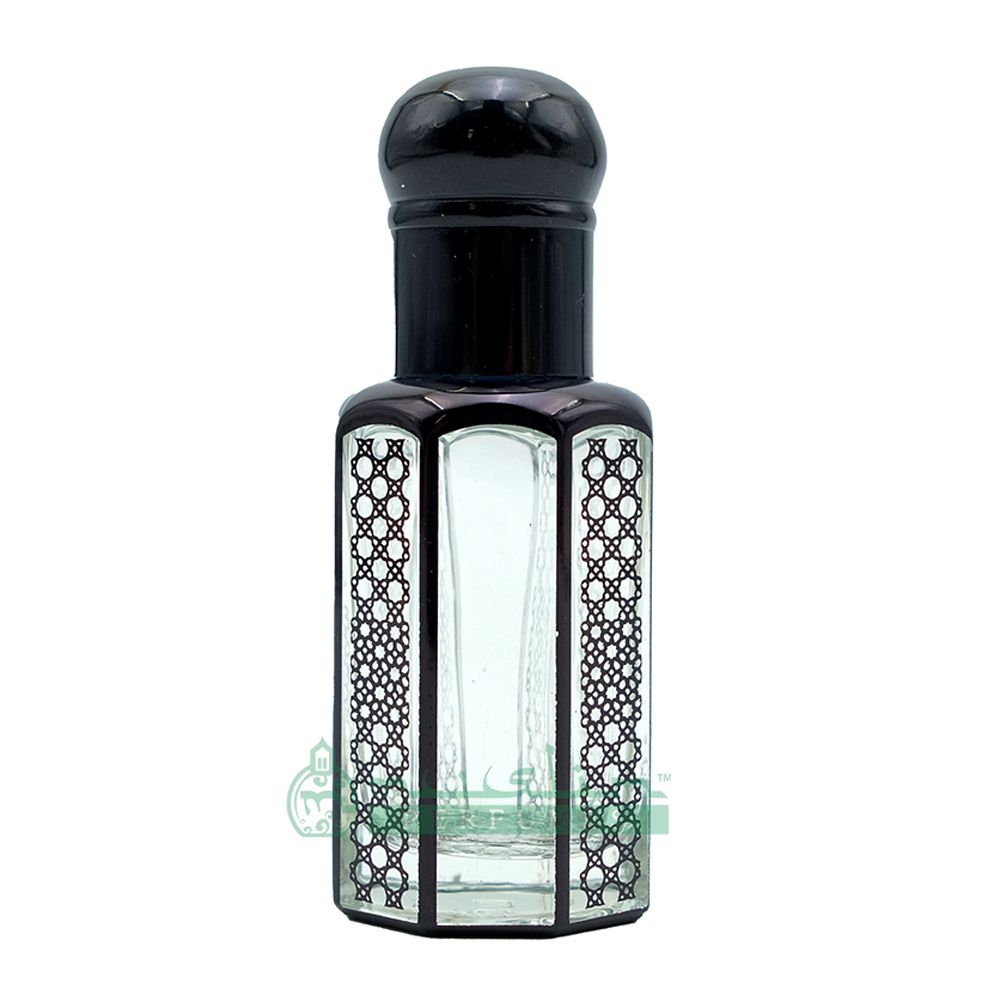 Botol Parfum Kaca Hitam 12 ml – Desain Geometris Arabesque Attar Essen – Muslim Mall